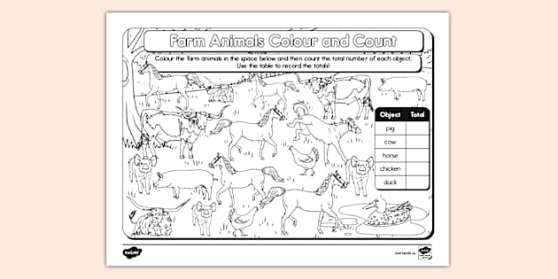 Farm Animals Colour and Count Worksheet - Twinkl