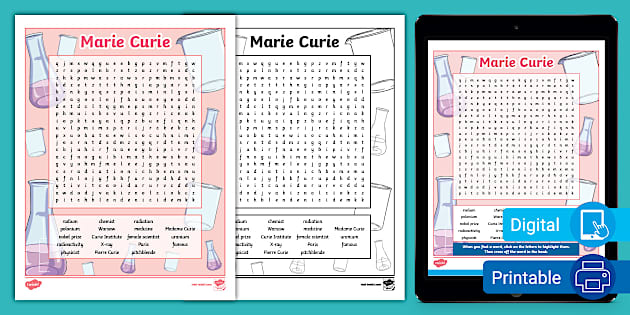 Marie Curie Word Search for 6th-8th Grade - Twinkl
