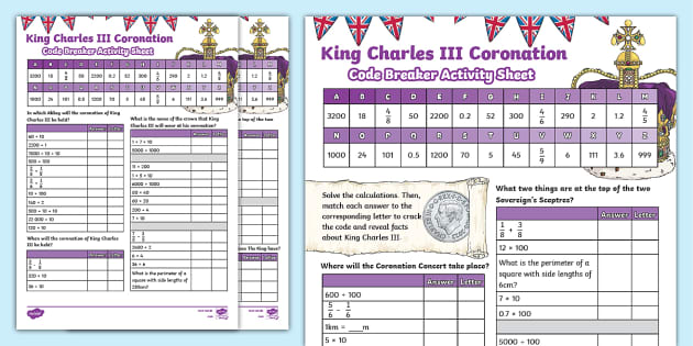 👉 Y4 King Charles III Coronation Maths Code Breaker