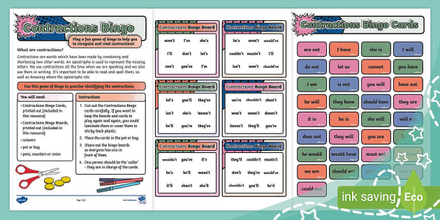 Contractions Bingo Game (Ages 5 - 7) (teacher made) - Twinkl