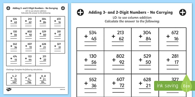Adding 3 And 2 Digit Numbers In A Column With No Carrying Answers 