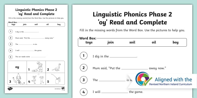 Linguistic Phonics Phase 2 Read Complete 'oy' Activity Sheet