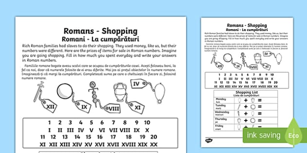 Roman Shopping Worksheet English/Romanian - Twinkl
