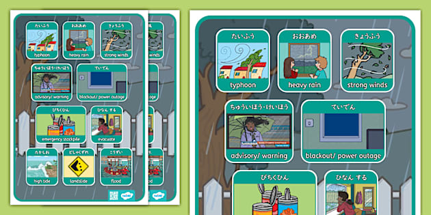 梅雨季語一覧 | Twinkl Japan Typhoon Word Mat Japanese and English