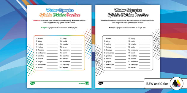 Winter Olympic Syllable Division Worksheet For Kids | Twinkl