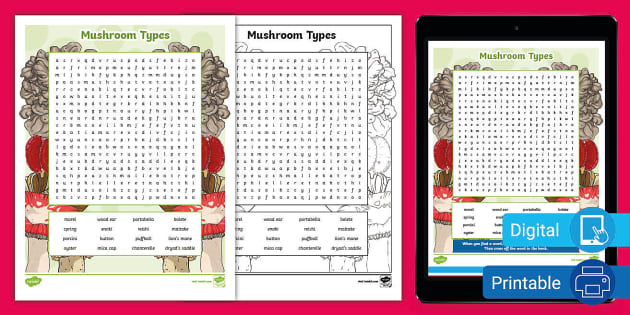 Mushroom Types Word Search for 6th-8th Grade - Twinkl