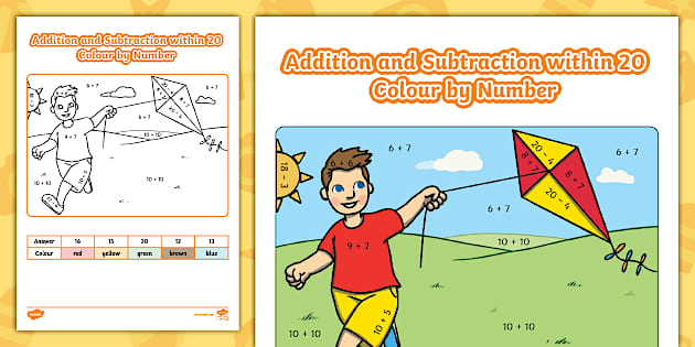Summer-Themed Addition and Subtraction to 20 Colour By Number Worksheet