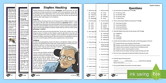 LKS2 Stephen Hawking Differentiated Reading Comprehension Activity