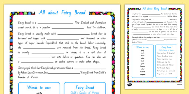 Fairy Bread Cloze Worksheet / Worksheet, worksheet - Twinkl