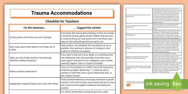 Trauma Accommodations Checklist for Teachers (teacher made)