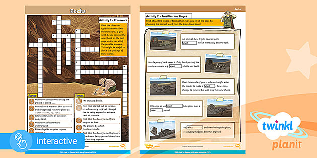 Interactive PDF: Home Learning: Science: Year 3: Rocks Crossword