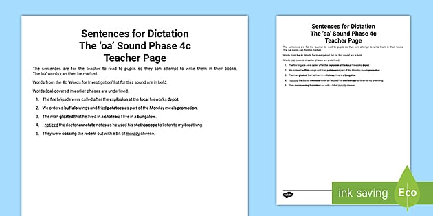 Linguistic Phonics oa Sentences Dictation Worksheet - KS2