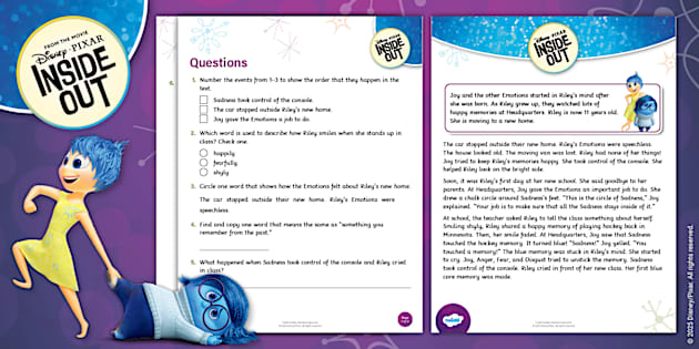 Inside Out: First Grade Reading Comprehension Worksheet Inside Out: First Grade Reading Comprehension Worksheet