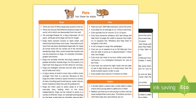 Pets Fact Sheet for Adults - EYFS, Early Years, KS1, Science, Understanding
