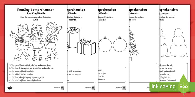 Christmas-Themed Five Key Words Reading Comprehension Worksheets