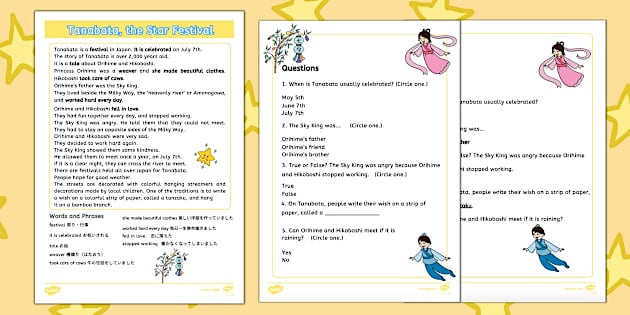 七夕英語読解プリント Tanabata English Reading Comprehension Twinkl JP