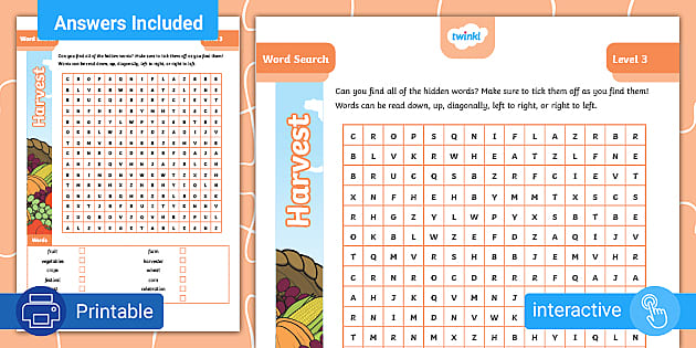 Harvest Word Search - Level 3 - Twinkl - Kids Puzzles