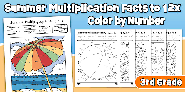 Third Grade Summer Multiplication Facts to 12x Color by Number Worksheets
