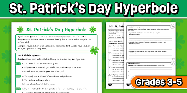 St. Patrick's Day Hyperbole Worksheet for 3rd-5th Grade