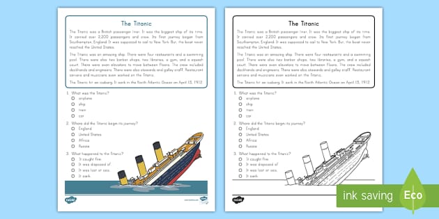 Second Grade The Titanic Reading Passage Comprehension Activity