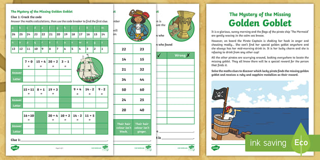 The Mystery of the Missing Golden Goblet Pirate Maths Mystery Game