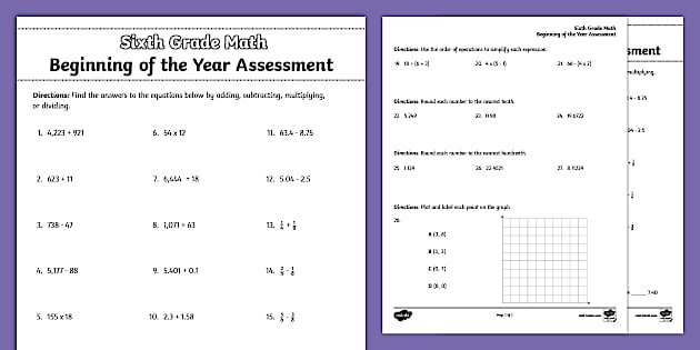 Sixth Grade Beginning of the Year Math Assessment - Twinkl