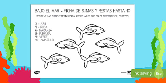 Bajo el mar sumas y restas hasta 20 Colorear con números