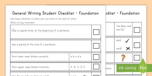 General Writing Student Checklist - writing, checklist, writing rules