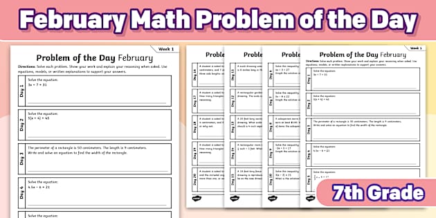Seventh Grade February Math Problem of the Day Worksheet