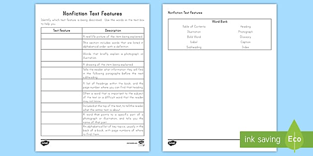 Nonfiction Text Features | Matching Worksheet | Download Now