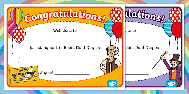 Roald Dahl: I Took Part In Roald Dahl Day Certificates