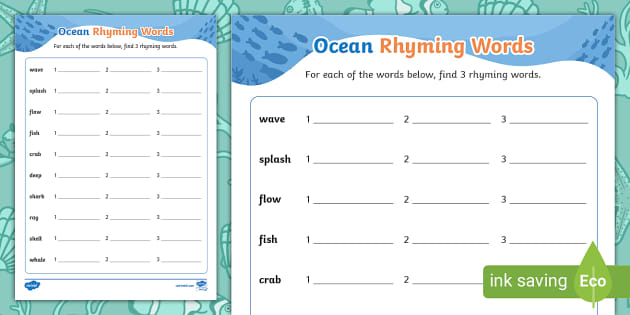 Ocean Rhyming Words Worksheet (Hecho por educadores)