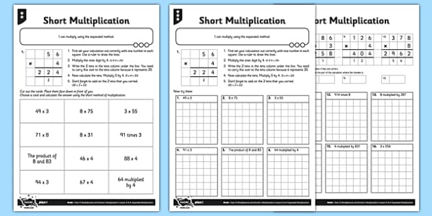 Year 3 Multiplication Short Multiplication Worksheets