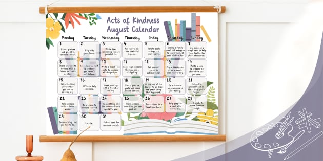 Acts of Kindness August Calendar Book-Themed Poster - Twinkl