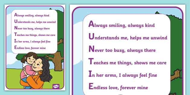 Acrostic Poem for Aunt or Auntie Example - Twinkl