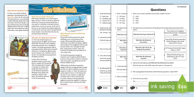 UKS2 The Windrush Differentiated Reading Comprehension