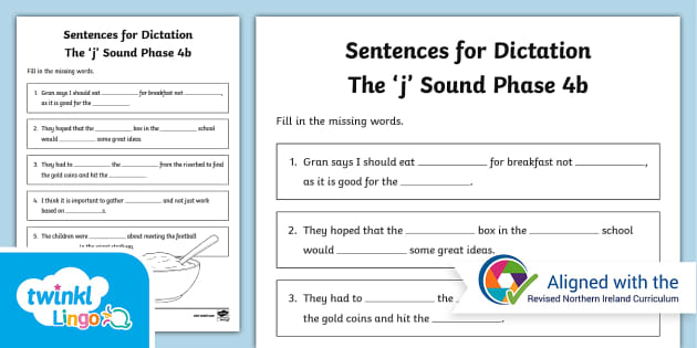NI Linguistic Phonics Phase 4b 'j' Sound Dictation Sentences