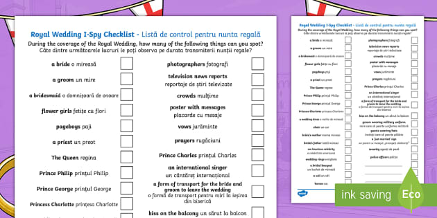 Royal Wedding I-Spy Checklist English/Romanian - Twinkl