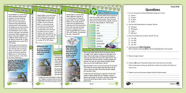 LKS2 Recycle Week Differentiated Reading Comprehension Activity