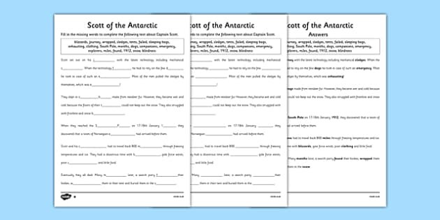 Scott of the Antarctic Cloze Activity with Word Bank Differntiated