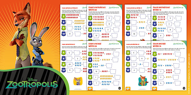 👉 Zootropolis: Count and Add/Subtract Maths Activity Sheets