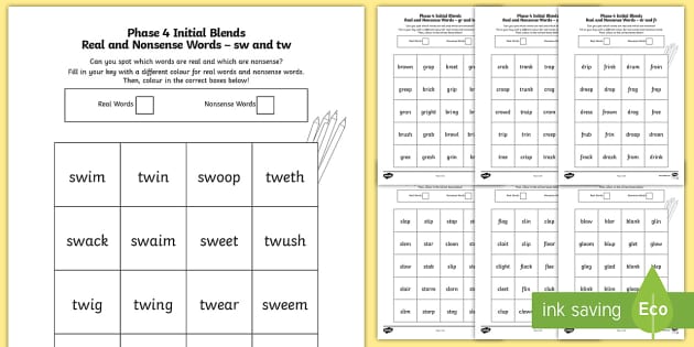 Phase 4 Colour by Initial Blends Real and Nonsense Words Worksheet
