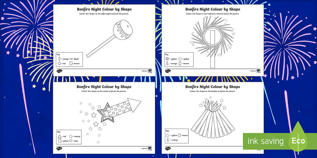 Bonfire Night Colour by 2D Shape Worksheet / Worksheets