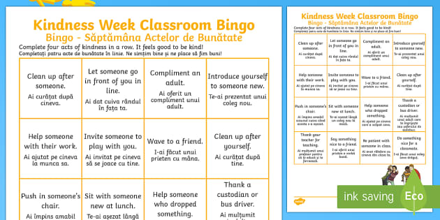 Kindness Week Classroom Bingo Activity English/Romanian