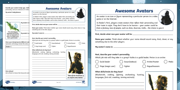 KS2 Awesome Online Gaming Avatars Worksheet / Worksheet