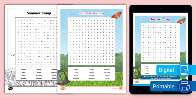 Summer Camp Word Search for 3rd-5th Grade - Twinkl