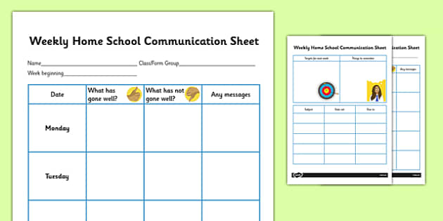 Weekly Home School Communication Sheet Secondary - Home, School