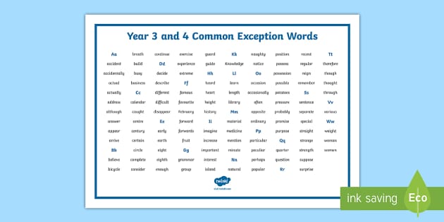 Year 3 and 4 Common Exception Words Word Mat (teacher made)