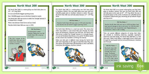 KS1 North West Motorbike Race Differentiated Reading Comprehension Activity