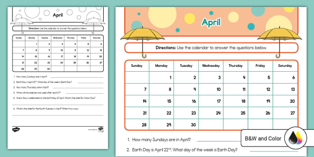 April Reading a Calendar Activity for K-2nd Grade - Twinkl